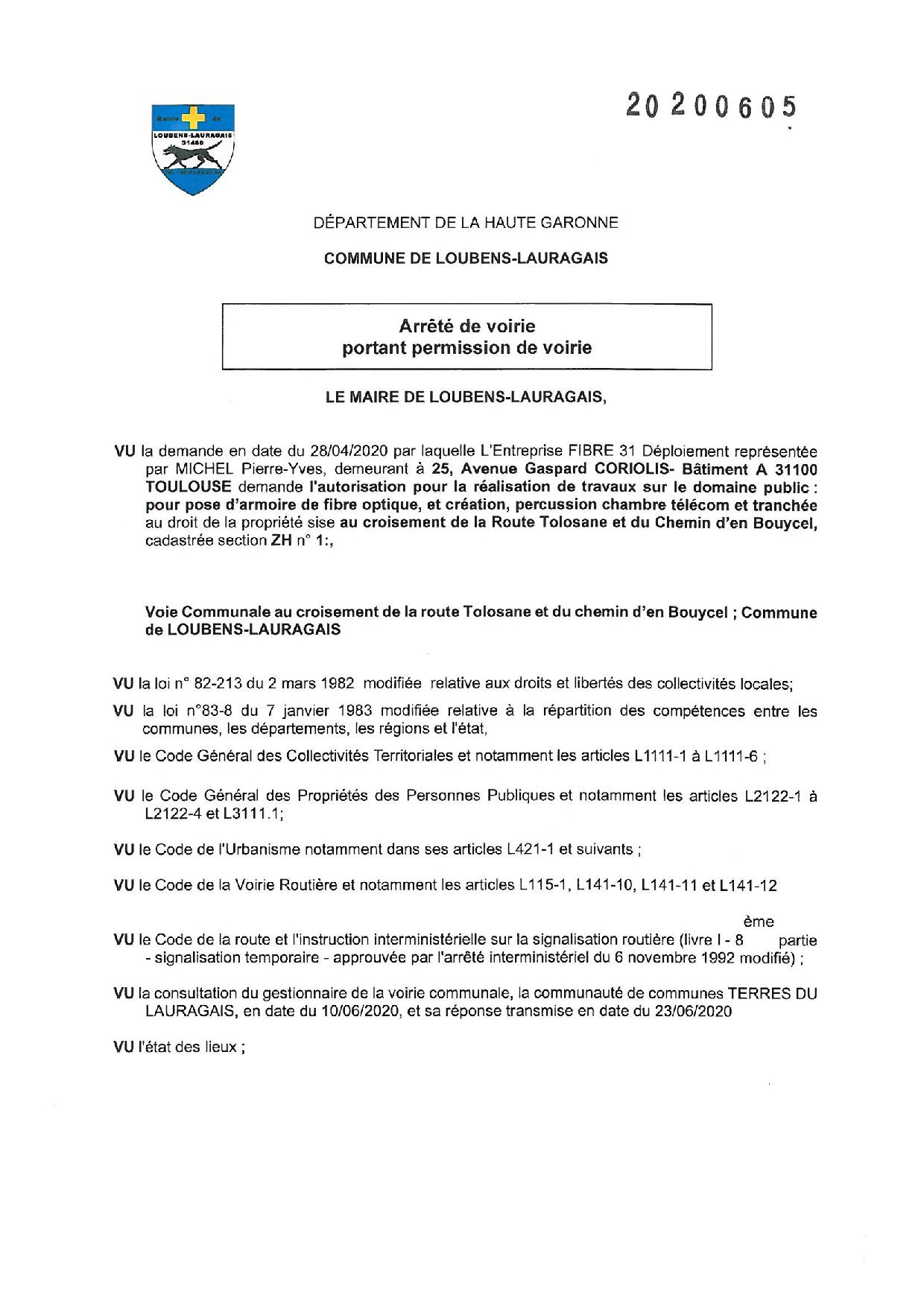 Arrêté de voirie - FIBRE 31 - Mairie Loubens Arrêté de voirie - FIBRE 31 - Mairie Loubens